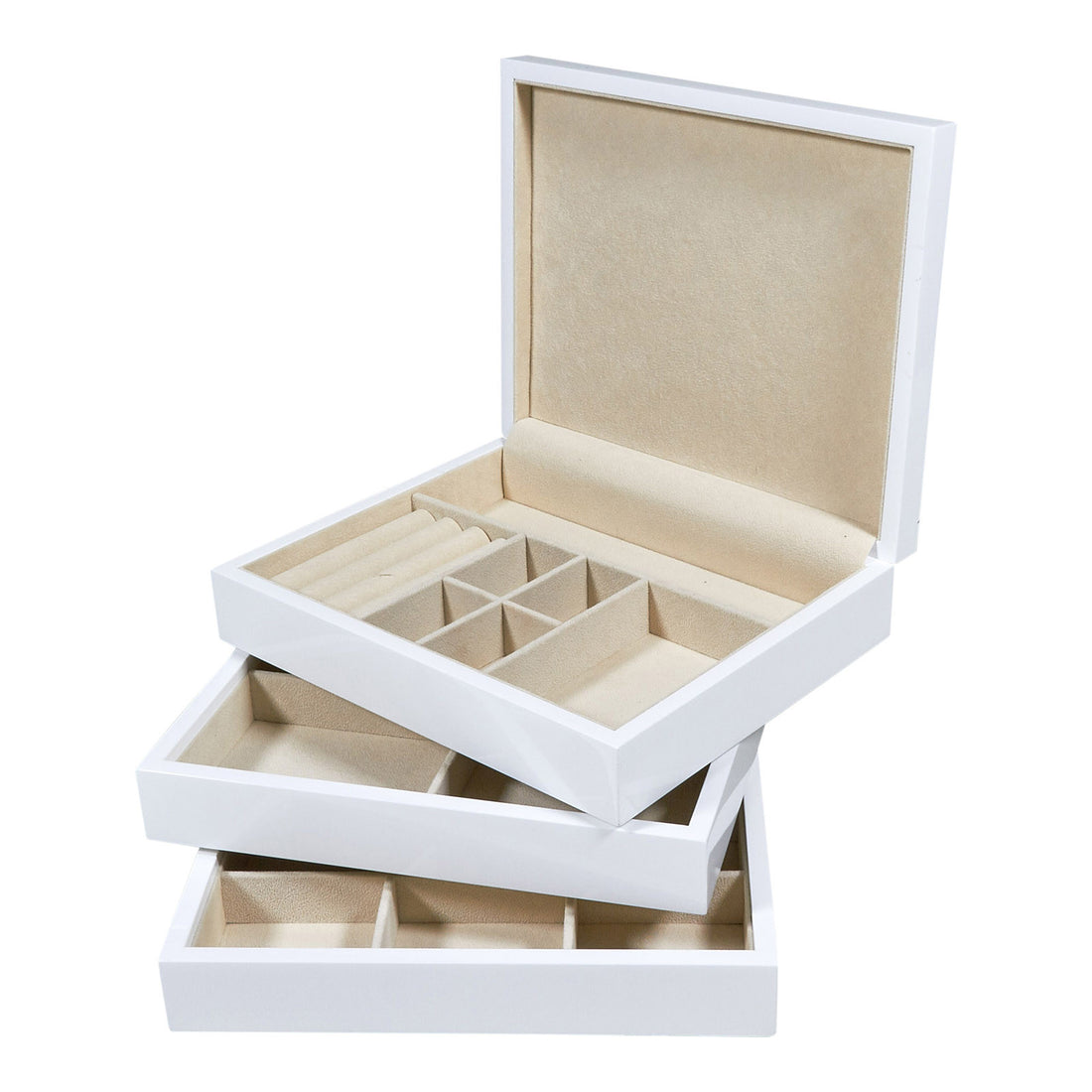 White Lacquered Multi Level Stackable Wood Jewelry Box And Optional Ad ...